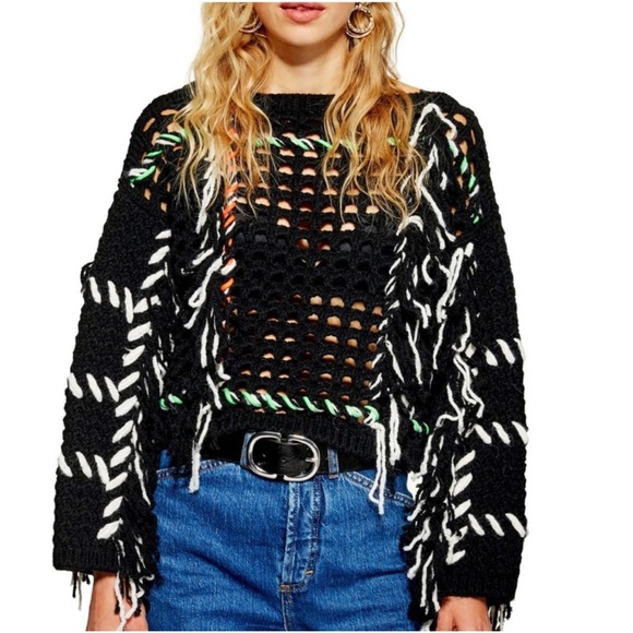 Topshop | Sweaters | Topshop Black Open Knit Oversized Cropped Fringe ...